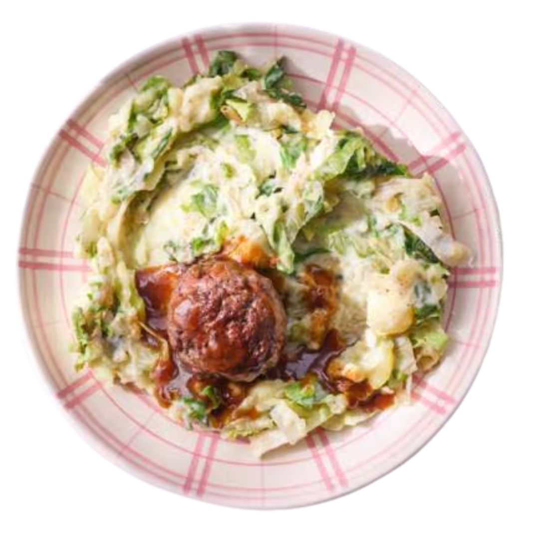 Endive Mash with Crispy Bacon Bits, Meatball and Gravy – Dindins
